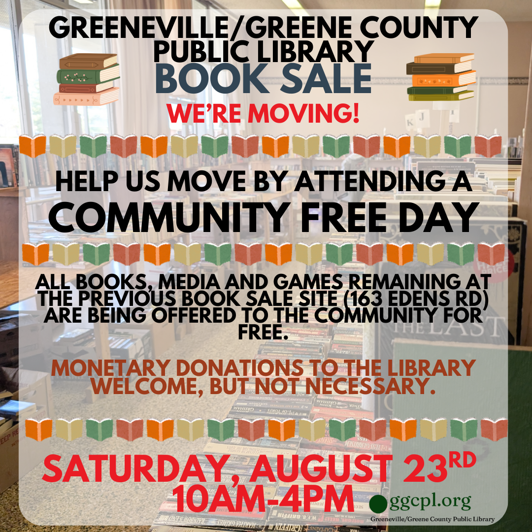 Get Free Books and Help the Annual Book Sale Move on August 23rd from 10-4!